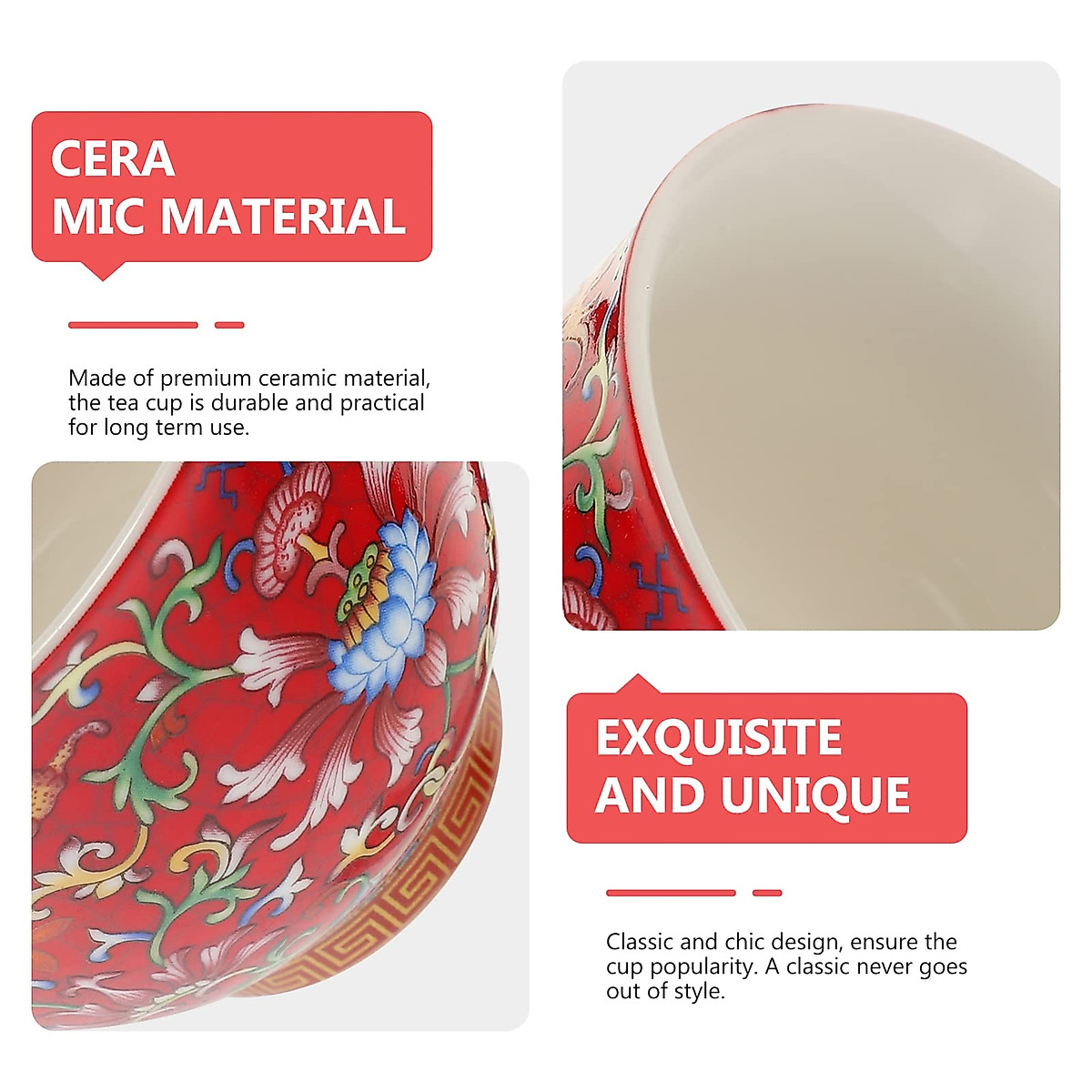 DECHOUS Chinese Tea Set Ceramic Tea Cups Kung Fu Tea Cups Flower Pattern Saki Cup Matcha Tea Cup Retro Japanese Chinese Tea Cups Drinking Teaware For Morning Tea Tray Red Espresso