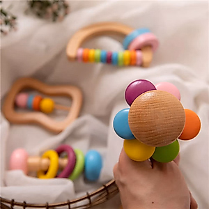 4pc Organic Colorful Baby Rattle Set Safe Food Grade Wood Rattle Soother Bracelet Teether Set Montessori Toddler Toy multicolored