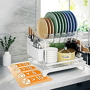 kenvc Dish Drying Rack,Large Dish Drying Rack，Dish Drainers for Kitchen Counter,Board Holder, 6 Cup Holder，Removable Large Capacity Dish Drainer, Rust-Proof Dish Drainer, White