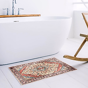 Red Contemporary Doormat Kitchen Bathroom Rug Floor Door Mat, Washable Welcome Entry Way Entrance Mat, Absorbent Hallway Accent Throw Runner Carpet, Abstract Oriental Flower Leaves 16"x24"