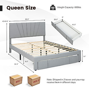 Giantex Upholstered Queen Bed Frame with Drawer, Modern Platform Bed with Storage & Adjustable Headboard, Wooden Slat Support Mattress Foundation, No Box Spring Needed, Noise Free
