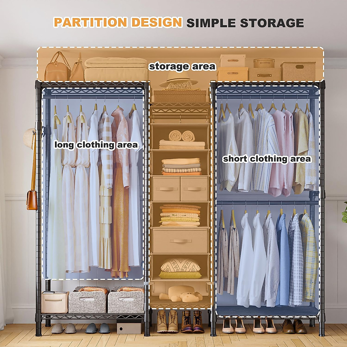 Raybee Clothes Rack, Clothing Racks for Hanging Clothes Heavy Duty Clothing Rack 800LBS Adjustable Clothes Racks for Hanging Clothes Metal Wire Garment Rack with 7 Drawers, Portable Closet Rack, Black