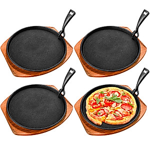Mimorou 4 Sets Cast Iron Fajita Plate Set 9.84'' Steak Plate Sizzling Pan with Wooden Base and Gripper for Home Restaurant Kitchen Catering Cooking for Grilling Meats Seafood