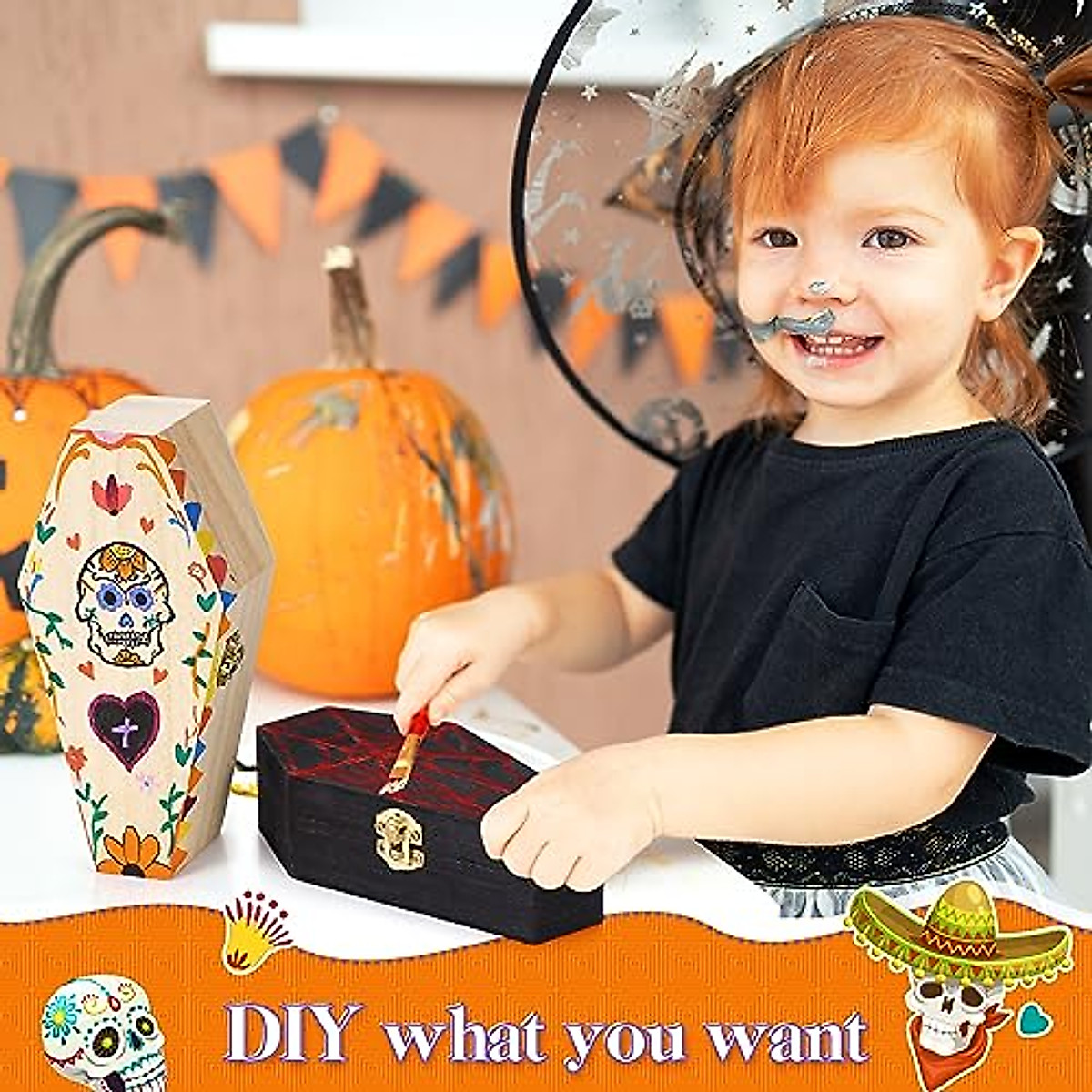 Thyle 4 Pack Unfinished Halloween Coffin Boxes Wood Coffin Shaped Boxes with Hinged Lids for DIY Crafts Wooden Coffin Boxes for Treats Favors Decoration Jewelry Casket Coffin (Black Burlywood,7 Inch)