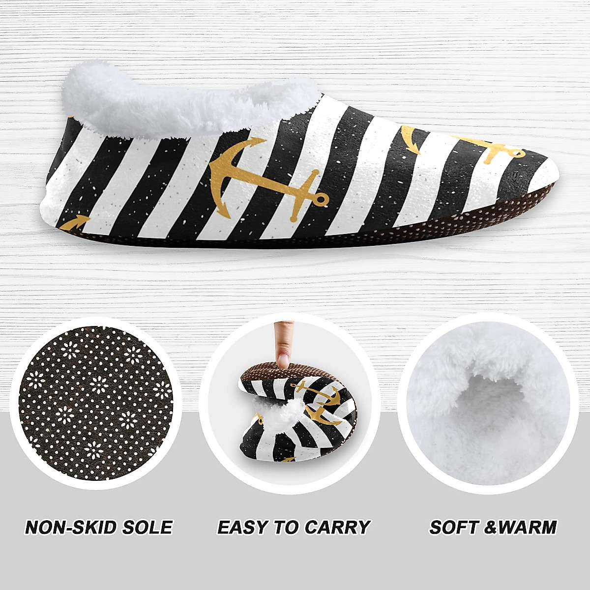 Indoor Slippers for Women Men Nautical Sea Anchor Stripe House Slipper Socks with Grippers Non-Slip Fuzzy Feet Slippers Winter Warm Flip Flop (Men 11-12)