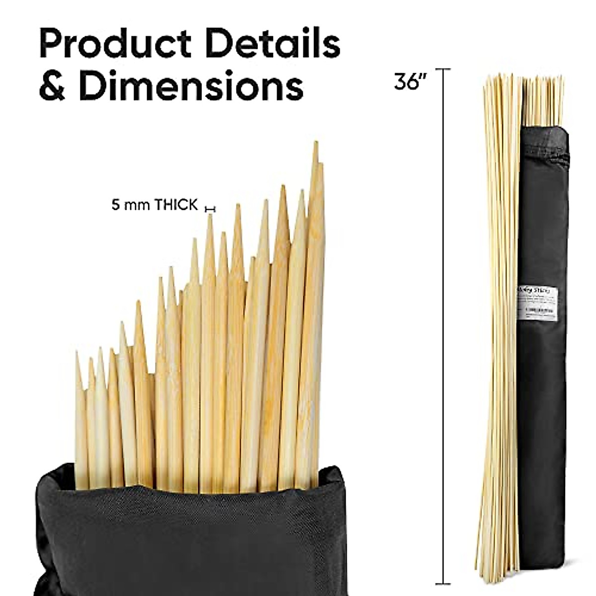 Mohy Marshmallow S'mores Roasting Sticks 36 Inch Long 5mm Thick Heavy Duty, 110 Pieces. Disposable Wooden Skewers w/Portable Cloth Bag, Perfect for Fire Pit Hot Dog Sausage Decoration, Safe for Kids