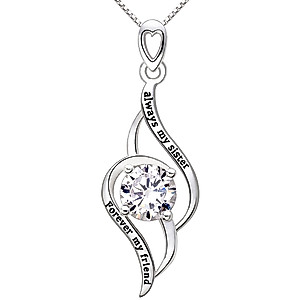 ALOV Jewelry Sterling Silver "always my sister Forever my friend" Love Cubic Zirconia Pendant Necklace