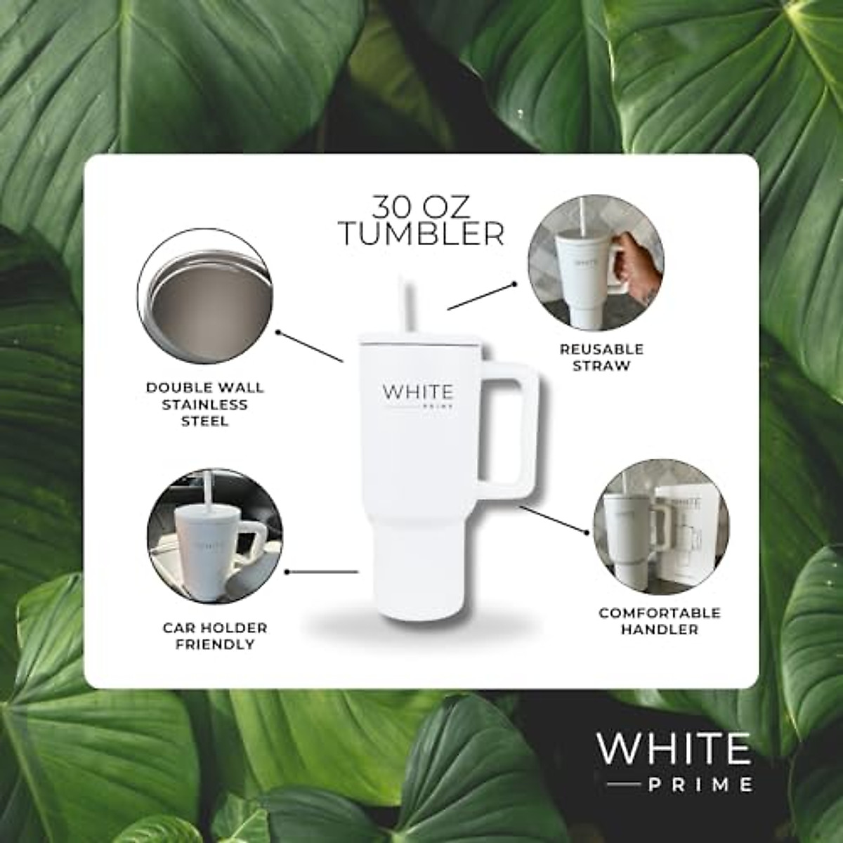 WHITE Prime 30 oz Tumbler | Simple Elegant Modern | Stainless Steel Double Wall Tumbler with handle and Straw Lid | Reusable Water Bottle Travel Mug | Cupholder Friendly | Drinkware Flasks