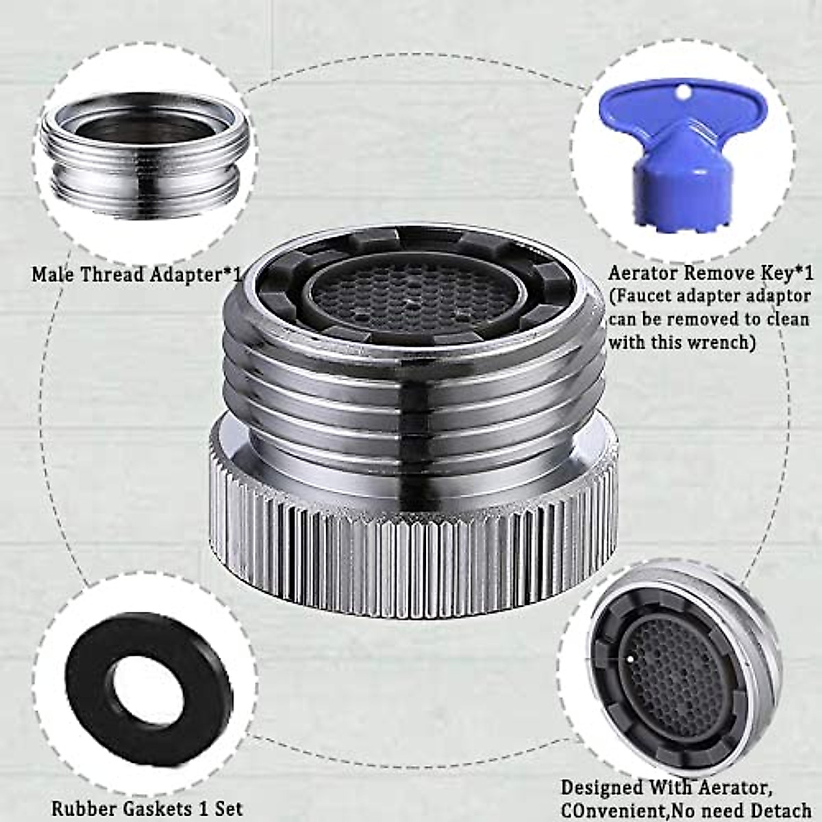 Faucet Adapter with Aerator Kitchen Sink Faucet Adapter Kit to Garden Hose for 55/64" Female to 3/4" Male Faucet Adapater, Chrome Finished