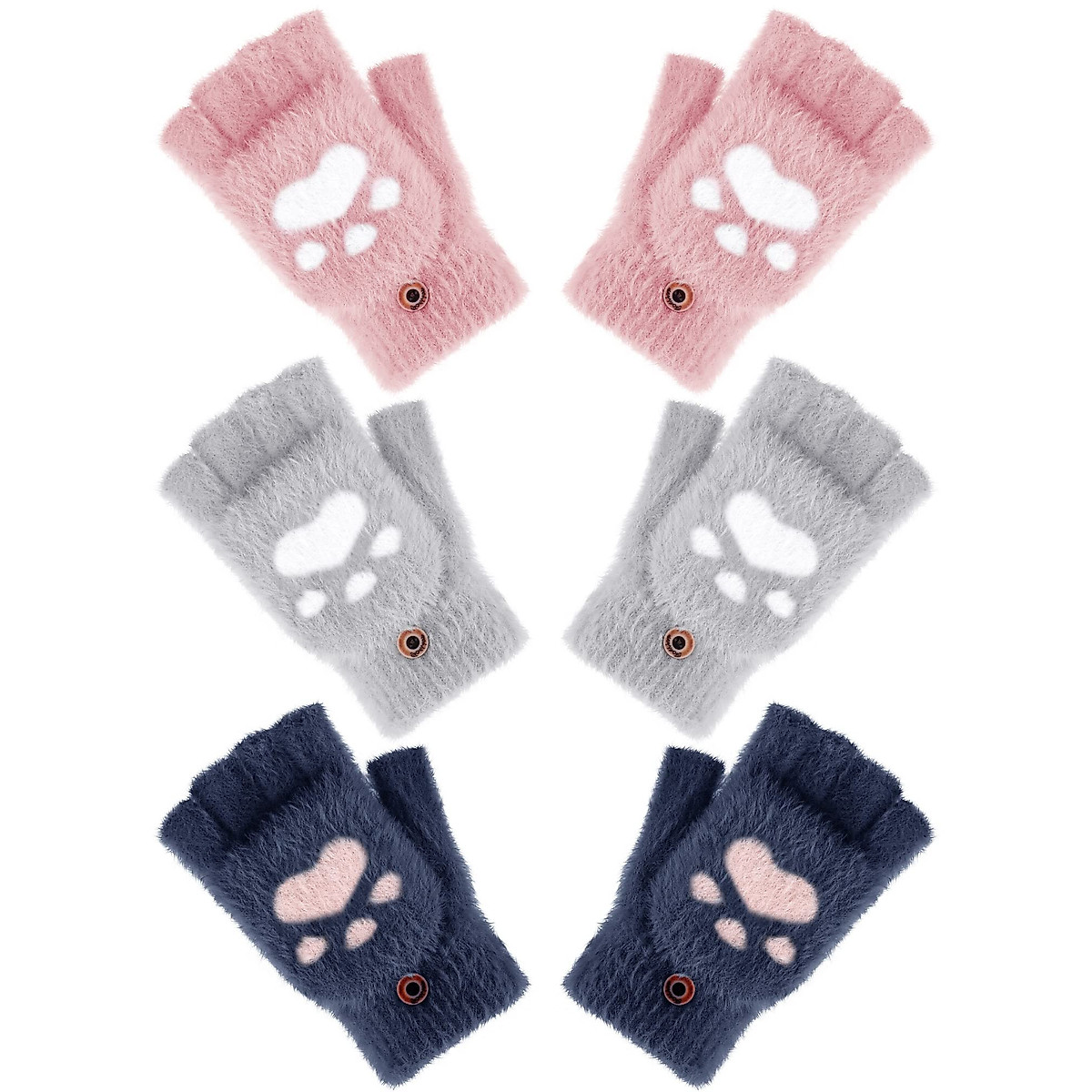 Bencailor 3 Pairs Winter Fingerless Gloves Warm Convertible Mittens Flap Cover Cat Paw Gloves for Women Cold Weather Cosplay (Light Gray, Pink, Navy Blue)