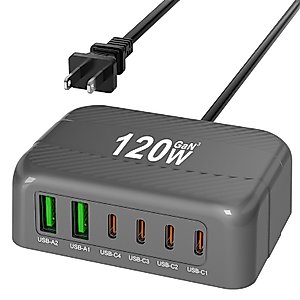 USB C Fast Charger,120W GaN 6 Ports USB Charging Station Hub Block Multiple Devices,USB C Charger Power Strip Adapter 4Type-C and 2USB A Compatible with iPhone 14 13 12 11 Pro Max Pixel Note Galaxy