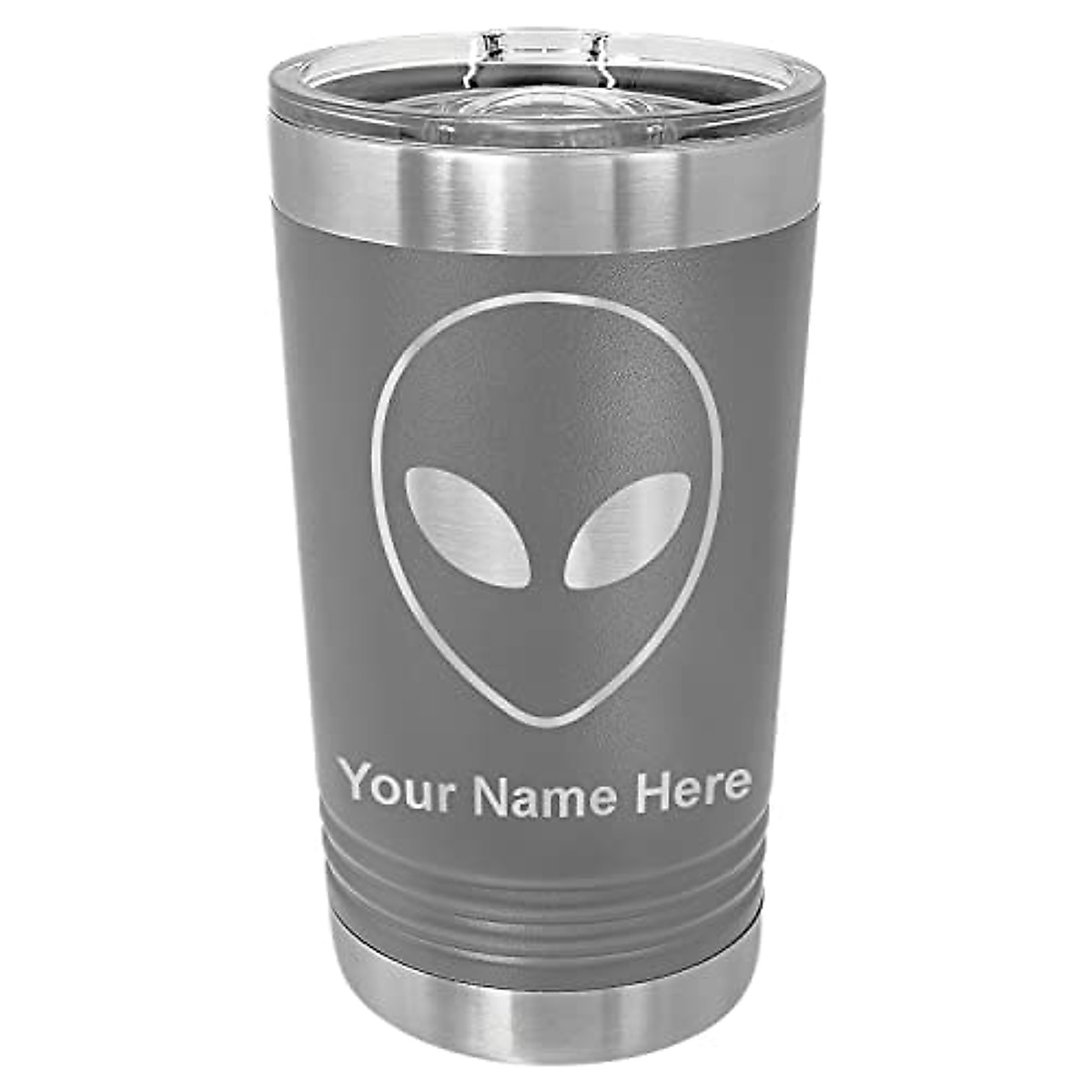 LaserGram 16oz Vacuum Insulated Pint Tumbler, Alien Head, Personalized Engraving Included (Gray)