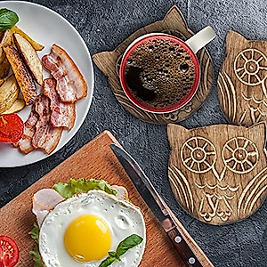 Drink coasters set of 6 with holder – Handmade Wooden coasters for Coffee, Tea, Mugs, Cups, Wine Glasses – Housewarming gift - Premium quality (Owl Design)