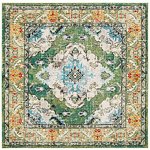SAFAVIEH Monaco Collection Area Rug - 11' Square, Forest Green & Light Blue, Medallion Distressed Design, Non-Shedding & Easy Care, Ideal for High Traffic Areas in Living Room, Bedroom (MNC243F)