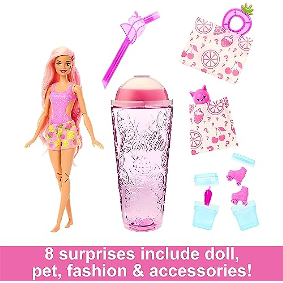 Barbie Pop Reveal Doll & Accessories, Strawberry Lemonade Scent with Pink Hair, 8 Surprises Include Slime & Squishy Puppy