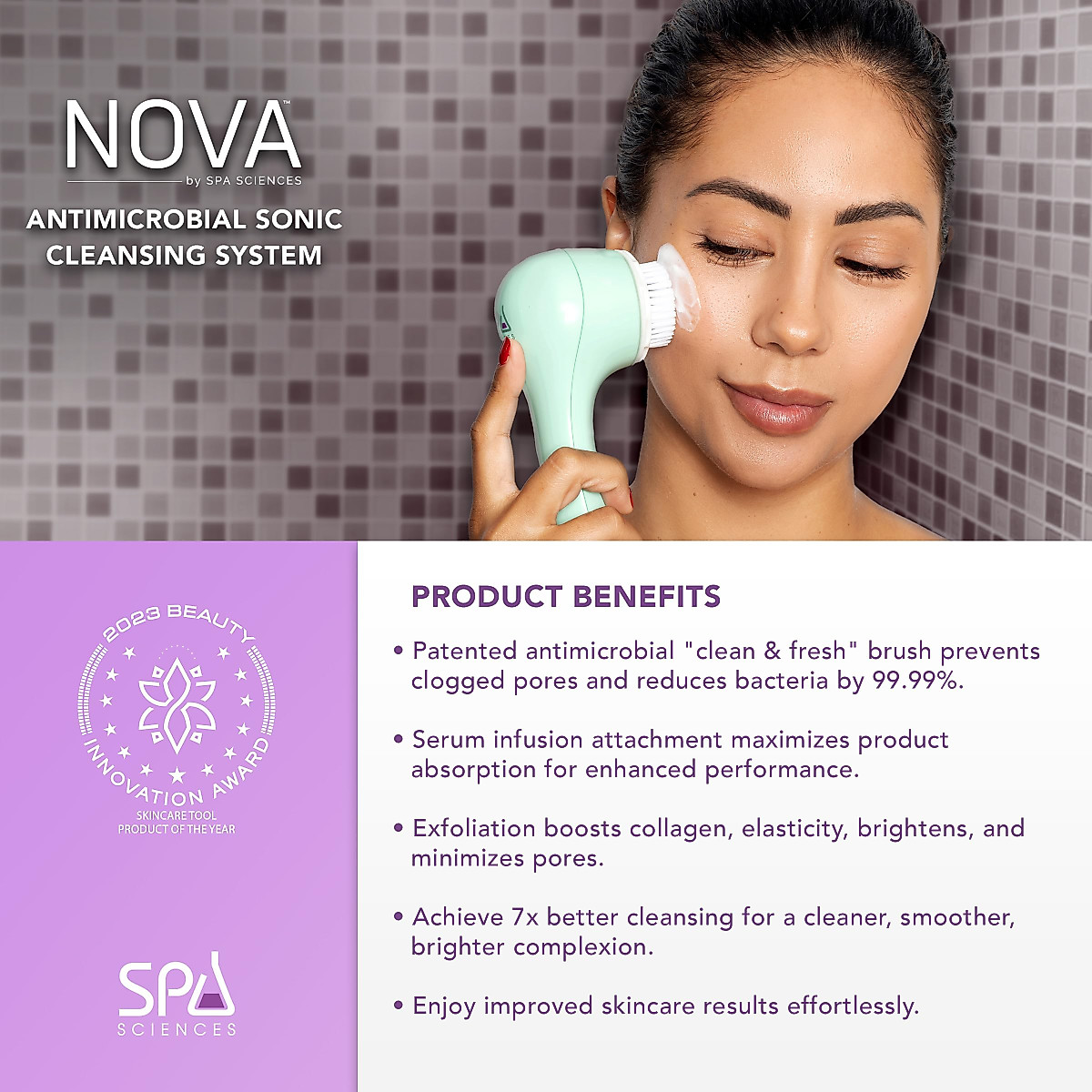 Spa Sciences - NOVA - Sonic Cleansing Brush with Bristles & Infusion System – Anti-Aging Facial Exfoliating, Waterproof, and USB Rechargeable