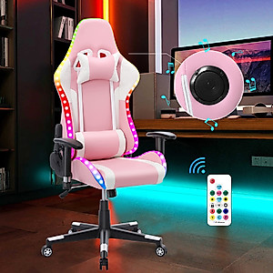 Gaming Chair with Bluetooth Speakers RGB LED Lights, Music Video Game Chair, Ergonomic PU Leather High Back Computer Chair, Adjustable Reclining Racing Office Swivel Chair for Adult Teens, Pink