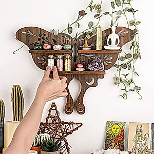 Luna Moth Crystal Shelf Display, Boho Pine Wood Wall Floating Shelves with Light for Gem Stone Essential Oil Storage, Bohemian Wooden Butterfly Hanging Witch Home Rustic Decor Holder for Bedroom Altar