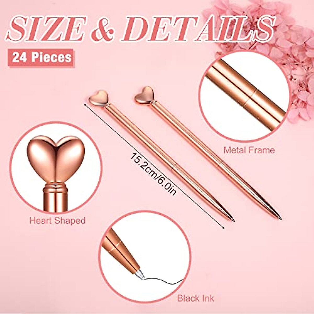 24 Pcs Heart Shaped Pens Retractable Metal Cute Heart Pens 1.0 mm Black Ink Ballpoint Decorative Pens Engagement Gifts for Women School Office Wedding Bridal Shower Valentine's Day(Rose Gold)