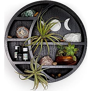 Onyx Haus Crescent Moon Shelf for Crystals Stone, Essential Oil, Small Plant and Art - Wall, Room, and Gothic Witchy Decor - Moon Phase Rustic Boho Shelfs - Wooden Hanging Floating Shelves - Black