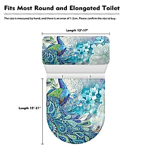 GLENLCWE Peacock Toilet Tank Lid Cover Replacement with Elastic Bottom,Soft Polyester Toilet Covers 2 Pcs Set Universal Fit