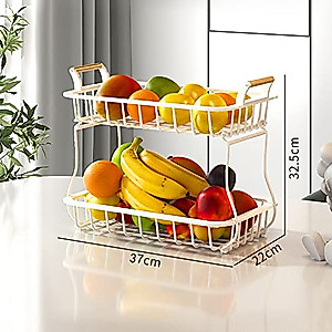 2 Tier Fruit Storage Basket for Kitchen Countertop,GTAGGEE Bread Baskets Fruit Bowl Holder Vegetable Stand Detachable Metal Rectangular Wire Basket, White