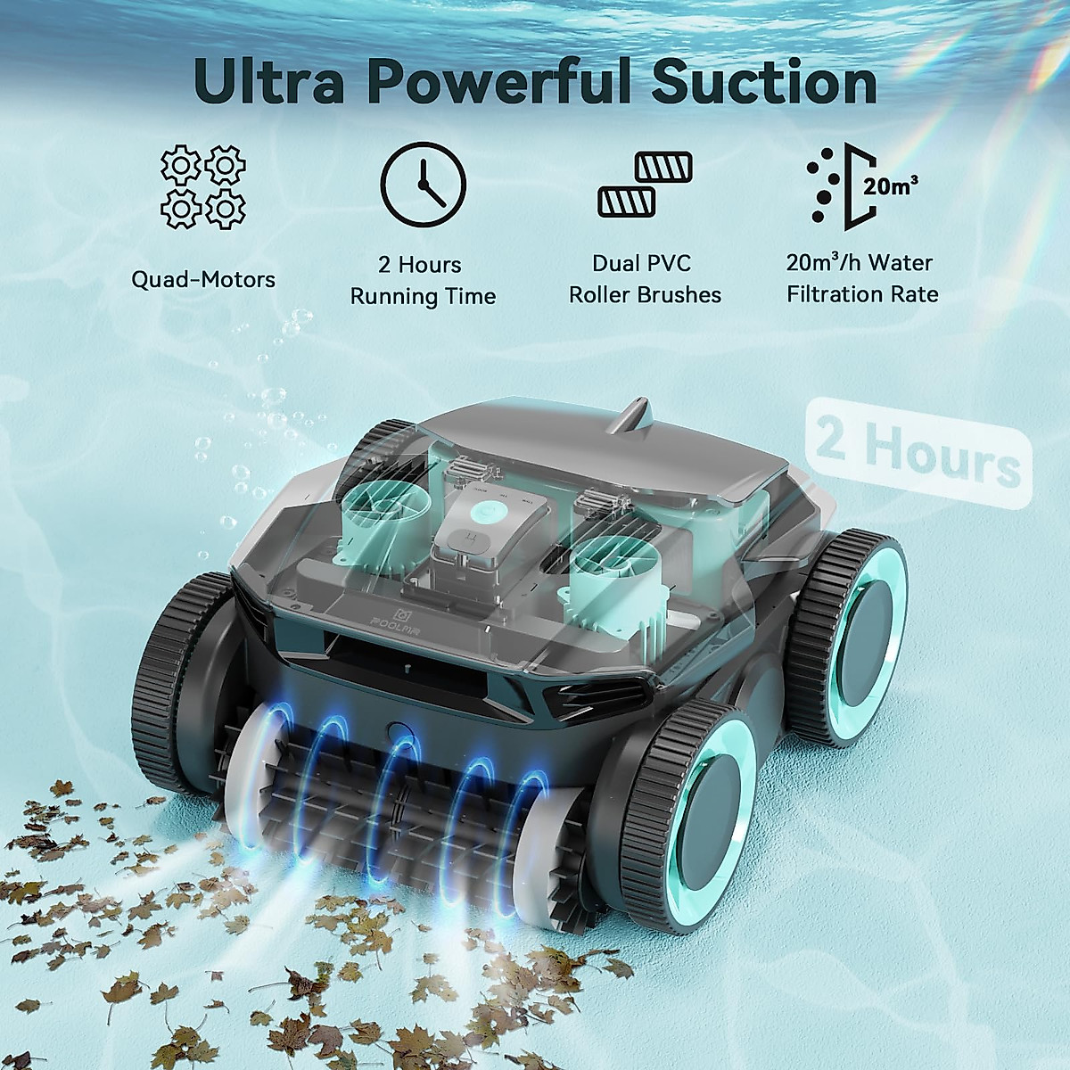 Cordless Robotic Pool Cleaner - Automatic Pool Vacuum Robot with Wall Climbing - 120 Mins Runtime, Quad-Motor Powerful Suction, Self-Parking, for In Ground Pool Up to 1500 sq. ft, Black