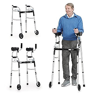 OasisSpace Folding Walker - Standard Walker with 5’’ Wheels and Removable Padded Armrests 300lbs, Platform Walker with Arm Support for Senior, Handicap & Disabled