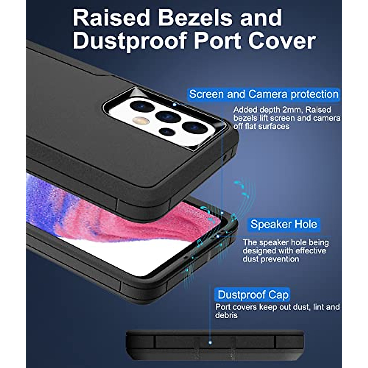 Dahkoiz for Samsung Galaxy A53 5G Case, with Tempered Glass Screen Protector and Dust-Proof Port Cover, Full Body Protection Durable Rubber Phone Case for Samsung Galaxy A53 5G UW, Black