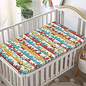 Cars Themed Fitted Crib Sheet,Standard Crib Mattress Fitted Sheet Toddler Bed Mattress Sheets-Crib Mattress Sheet or Toddler Bed Sheet, 28“ x52“,Earth Yellow Pale Blue Red