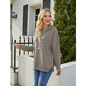 Women Casual Pullover Hoodie Tunic Tops Casual Long Sleeve Sweatshirt Loose Soft Pullover Beige Large