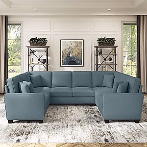 Bush Furniture Stockton U Shaped Sectional Couch, 113W, Turkish Blue Herringbone