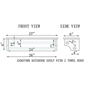 Dover 27" White Bathroom Shelf with 2 Chrome Towel Rods - Space Saving Storage for Bath Decor and Accessories - Moisture Resistant Wood Construction - 27" W x 8" D x 6" H