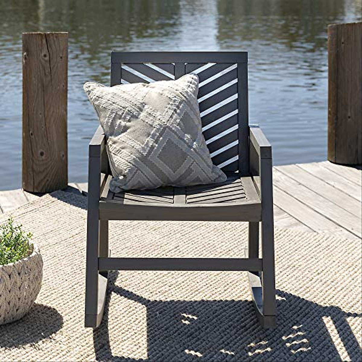 Walker Edison Outdoor Patio Wood Chevron Rocking Chair All Weather Backyard Conversation Garden Poolside Balcony, Set of 1, Grey