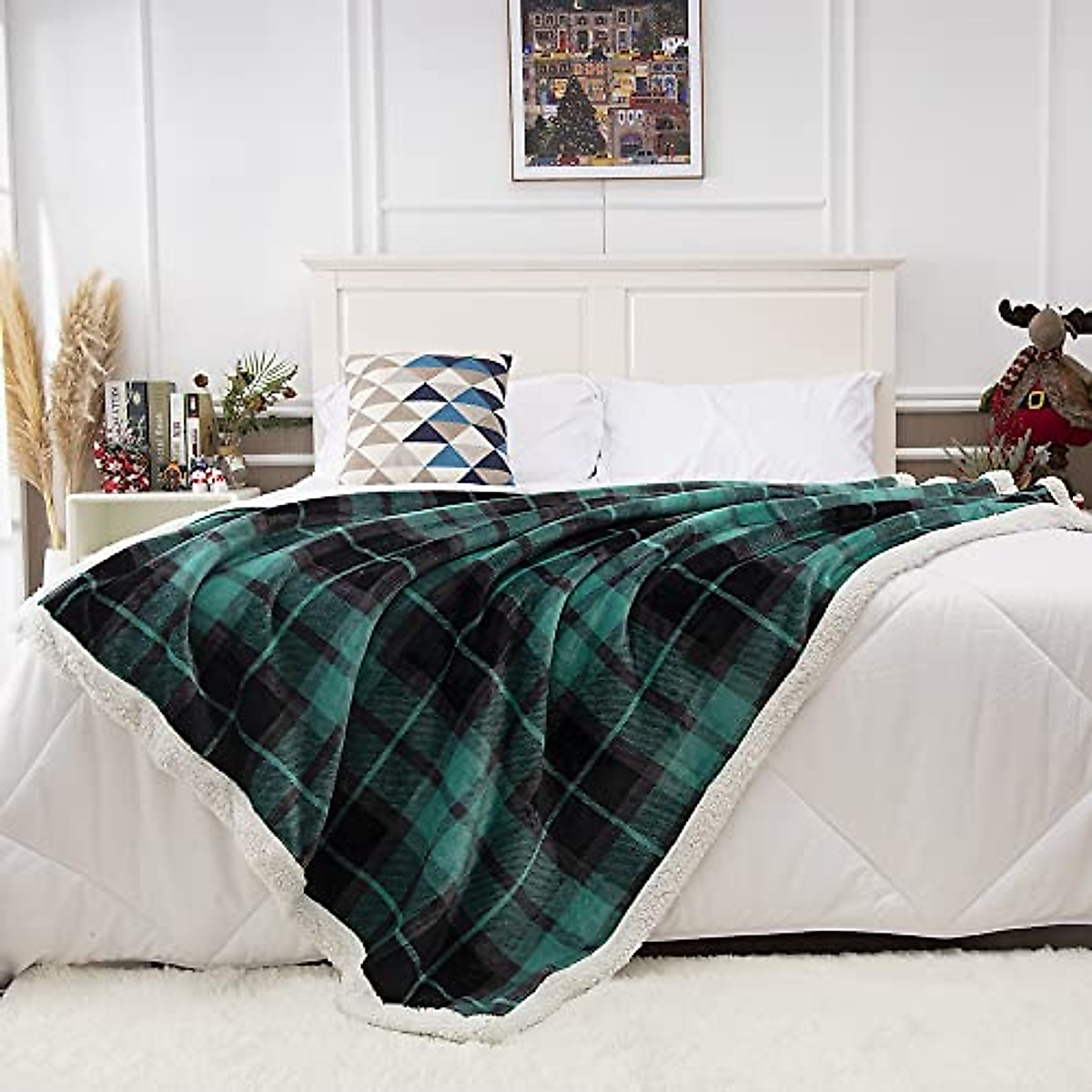 Gealaek Sherpa Throw Blanket Green Buffalo Plaid Blanket Fuzzy Soft Warm Cozy Reversible Microfiber Throw for Couch Sofa Bed Office Camping 50"x60"