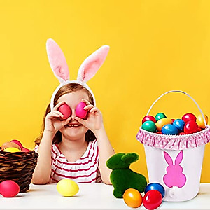 Easter Baskets Bags Empty Bulk For Kids Girls Toddler Bunny Eggs Hunt Bags with Fluffy Tail Pink Canvas Rabbit Toys Personalized Handbag Toys Bucket Tote Bag Candies Storage Gifts with Handles (Pink)