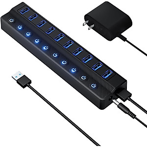 ONFINIO USB Hub 3.0 Powered, 6 Ports USB Hub Splitter (4 High Speed Data Transfer Ports + 2 Smart Charging Ports) with Individual On/Off Switches and 48W Power Adapter for Mac Pro/Mini, PC, HDD, Disk