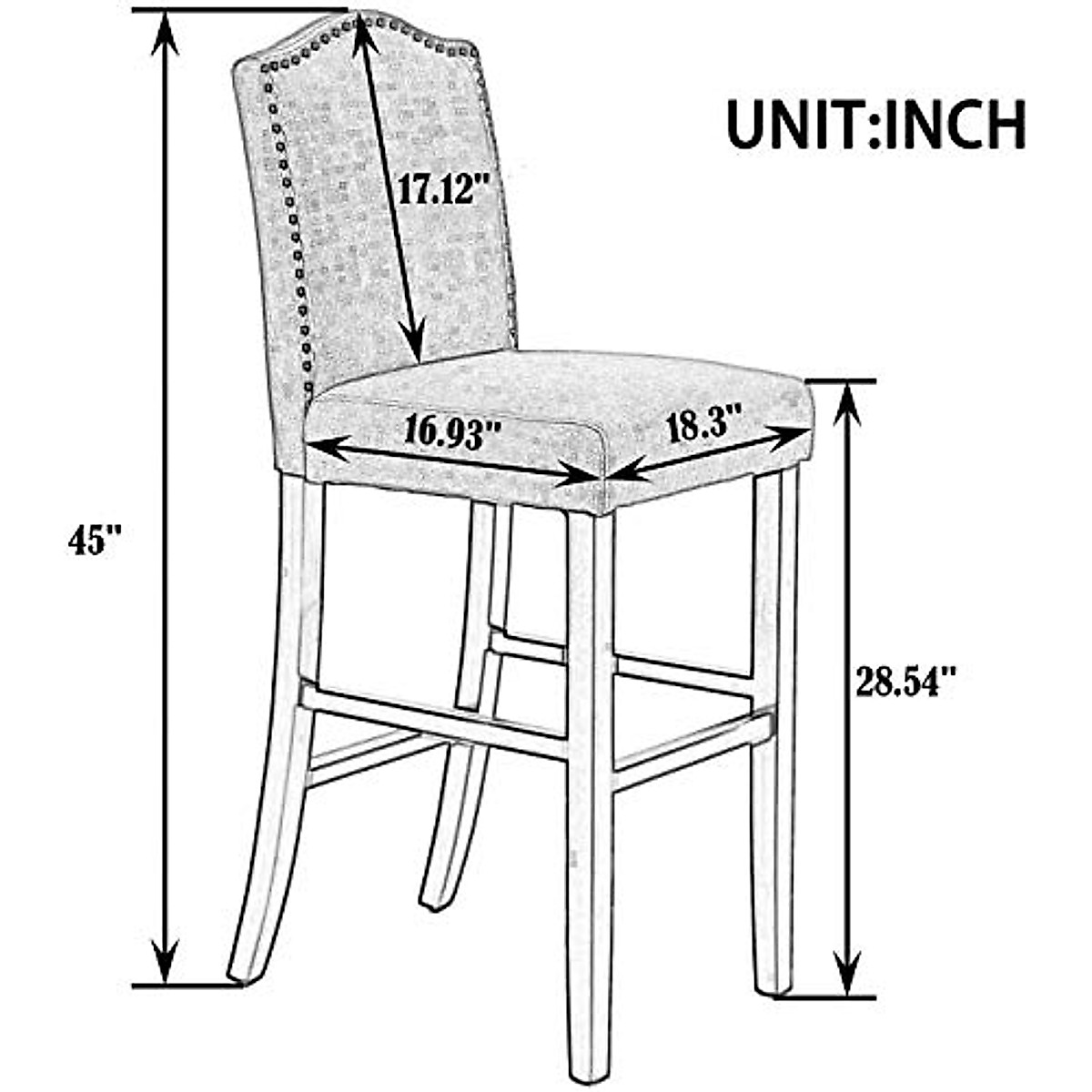 glitzhome Bar Stools Set of 2, 45" H Black Bonded Leather Armless Barchair with High-Back Studded Solid Rubberwood Legs for Kitchen Island Breakfast Chair for Dining Room, Party Room & Restaurant