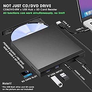 ROOFULL External CD DVD Drive USB 3.0 & USB-C CD & DVD Player Burner Portable CD/DVD +/-RW Disc Reader Writer with SD Card Slot and USB Ports for Laptop Desktop PC Windows 11/10, Apple Mac Computer