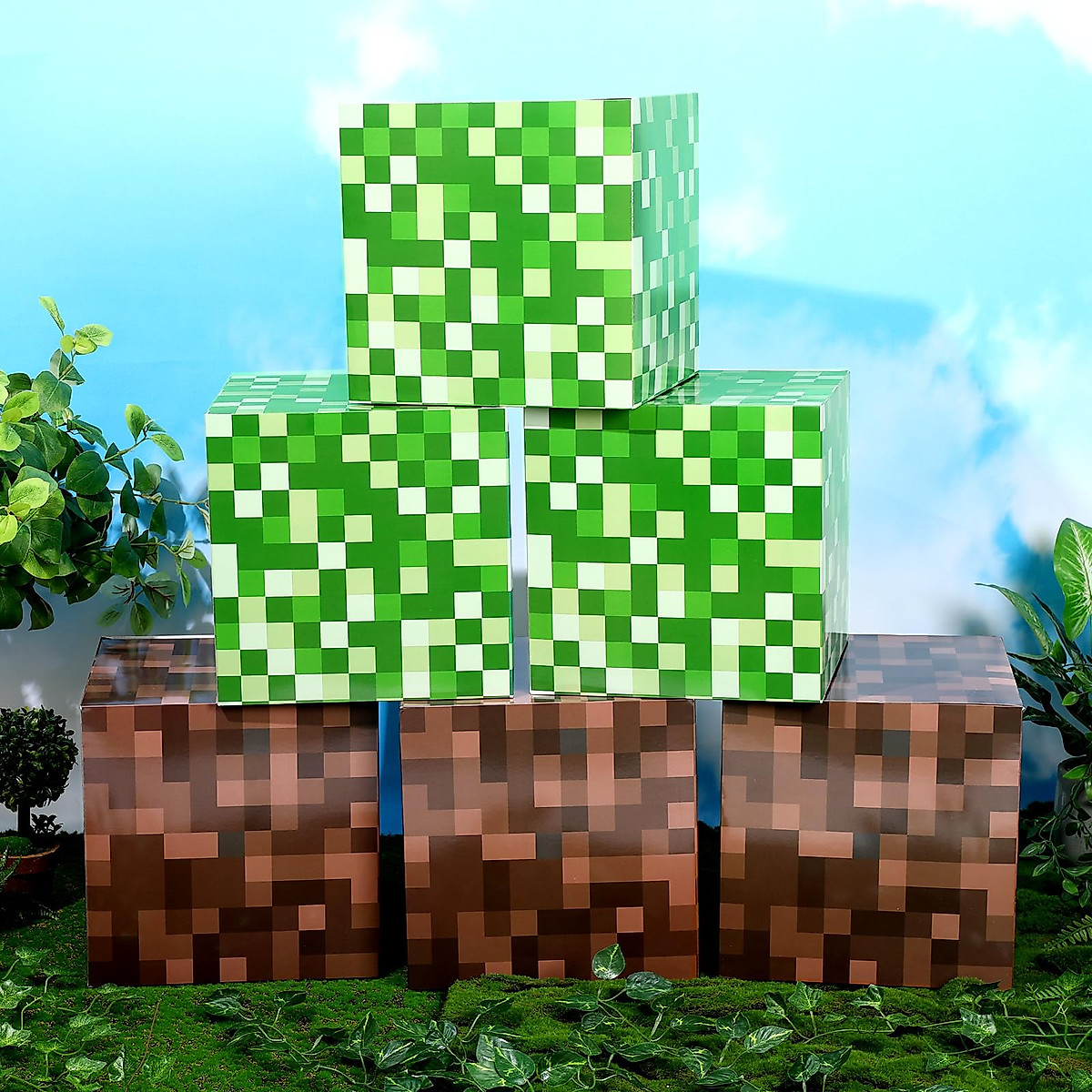 Outus 6 Pcs Large Pixel Mine Party Boxes 11.8 Inch Halloween Trunk or Treat Car Decoration Pixel Miner Video Gaming Box Pixelated Party Favor Vintage Grass Green Brown Birthday Centerpieces Xmas