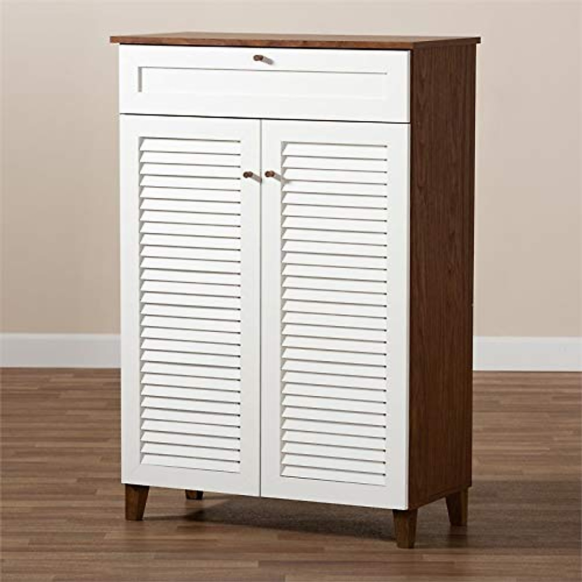 Baxton Studio Coolidge Modern and Contemporary White and Walnut Finished 5-Shelf Wood Shoe Storage Cabinet with Drawer