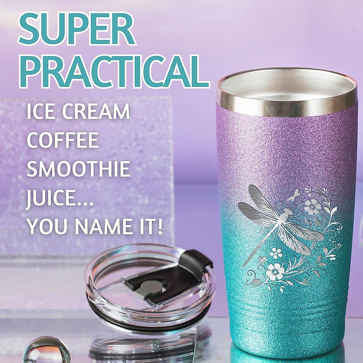 Onebttl Dragonfly Gifts, Dragonfly Coffee Travel Mug for Dragonfly Lovers, Men, Women, Daughter - Stainless Steel 20Oz Tumbler Glitter Purple and Blue