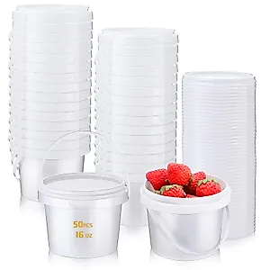 Mifoci 50 Pcs 16 oz Round Plastic Bucket with Lids and Handle Reusable Ice Cream Containers Small White Bucket Plastic Tub Freezer Airtight Food Storage Containers for Kitchen Drinks Home