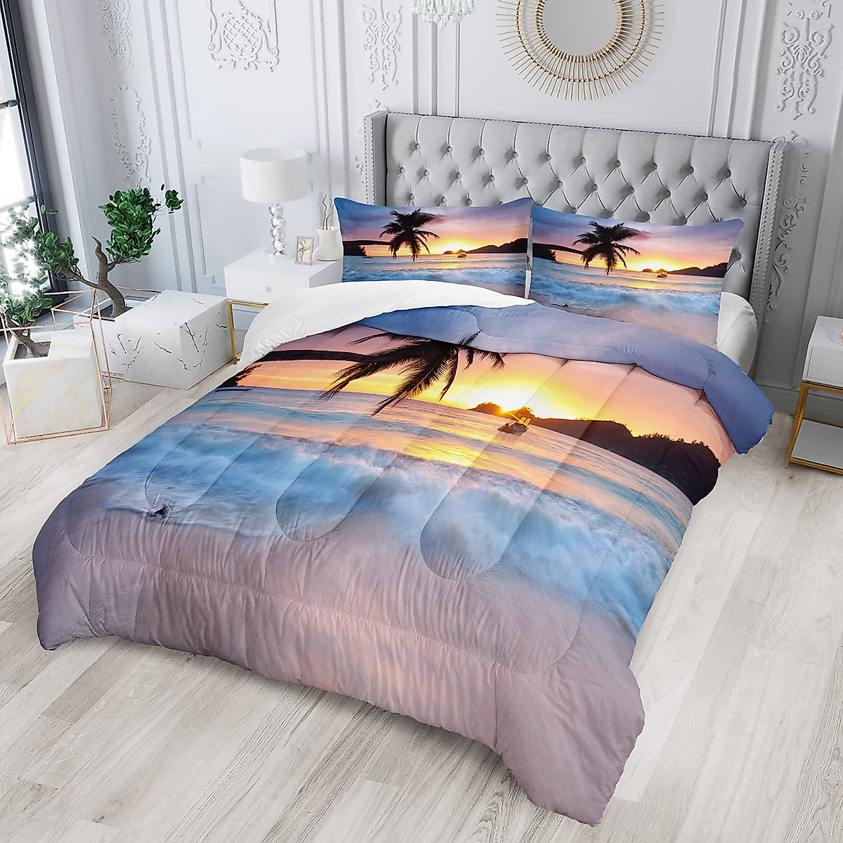 AILONEN Beach Comforter Set for Kids Boys Girls, Ocean Theme Bedding Set Full Size,Beach Pattern Quilted Duvet,Ultra Soft Coastal Beach Quilt,1 Comforter 2 Pillowcases 3 Piece