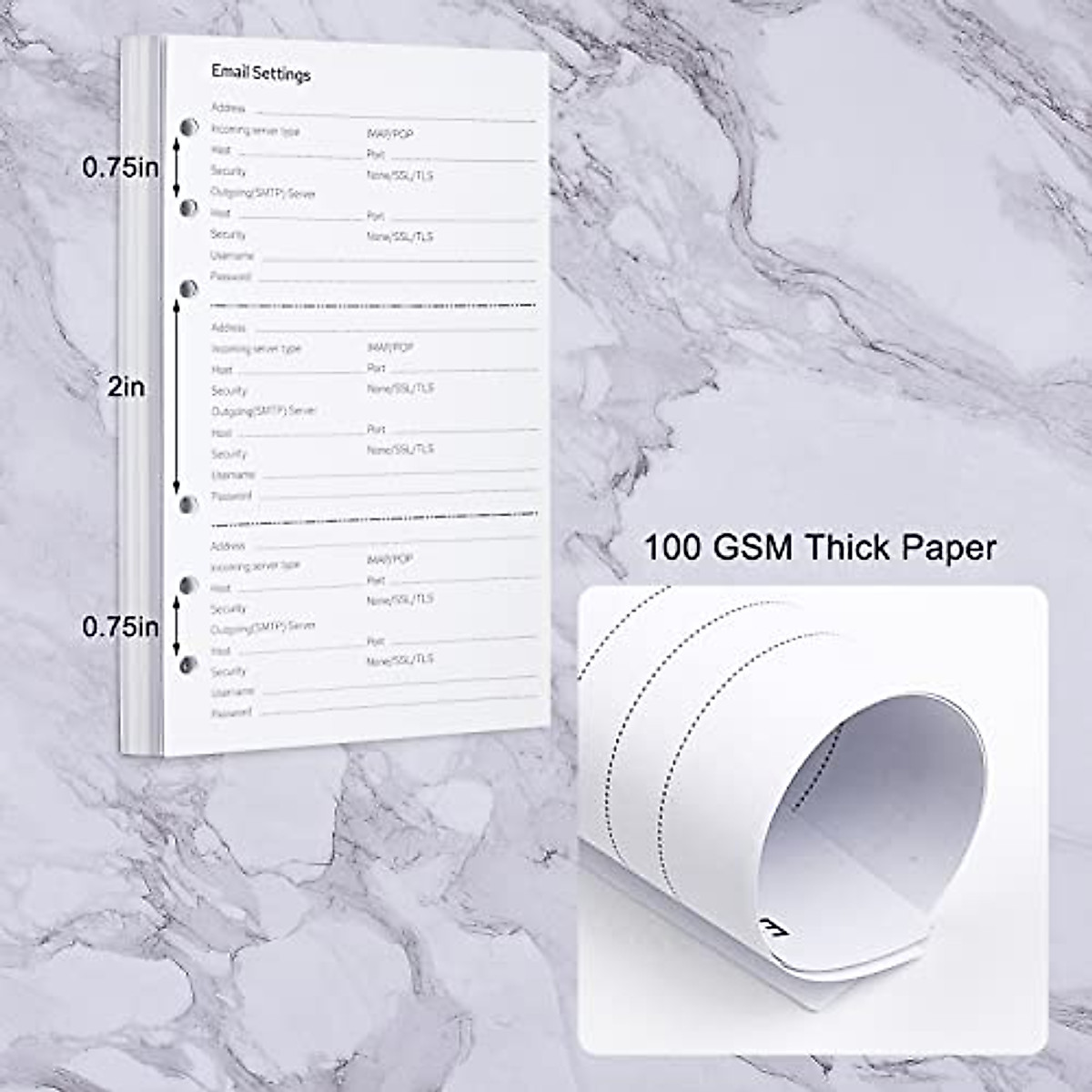 Password Address Book Refill Pages for 6-Ring Refillable Binder Password Address Notebook Replacement Page with 6 Holes 3.9″x 6.7″