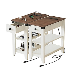 Fameill End Tables Living Room Set of 2, Narrow Side Table with Charging Station, Small Bedside Table for Small Space, Skinny Nightstand with Storage Drawer, White