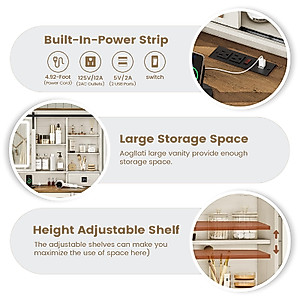 AOGLALTI Farmhouse Vanity Desk with Mirror and Lights, Makeup Vanity with Lights & Charging Station, Large White Vanity Table with Ample Storage Space and Sliding Mirror (White)