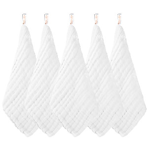 Koo-dib Muslin Soft White Baby Small Washcloths for Newborn Baby Essentials Must Haves Wash Cloths and 100% Cotton Face Towels 10 Pack Muslin Wash
