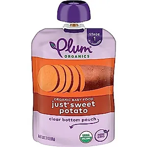 Plum Organics | Stage 1 | Organic Baby Food Meals [4+ Months] | Just Sweet Potato | 3 Ounce Pouch (Pack Of 12) Packaging May Vary