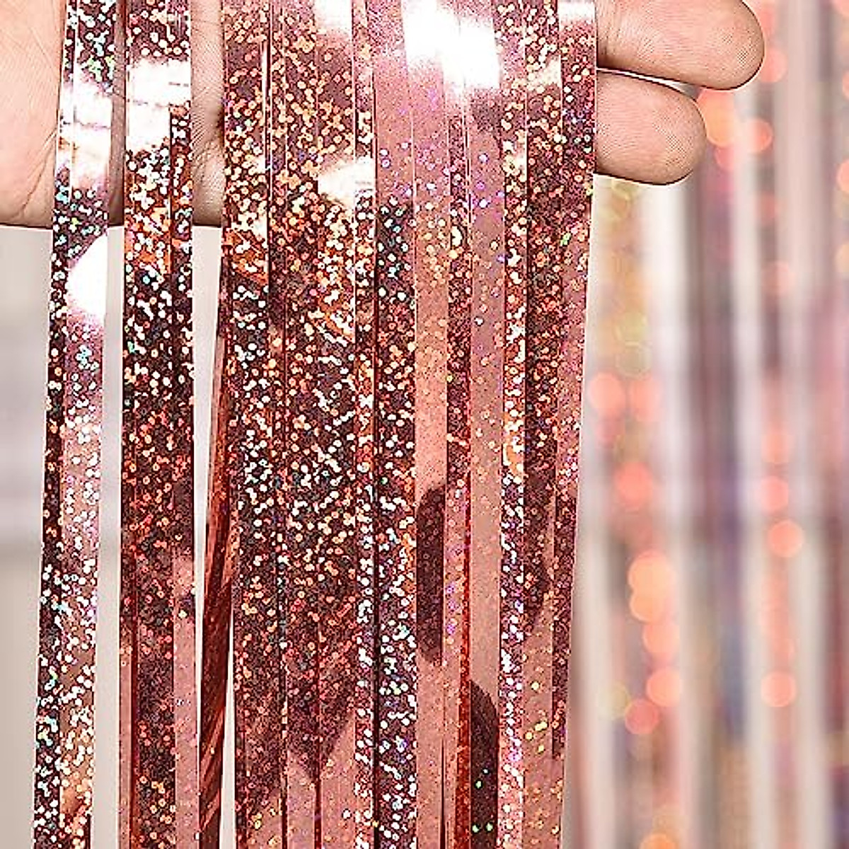 4 Pack Rose Gold Fringe Curtain -12.8x8.2 Feet, Slmeno Rose Gold Fringe Backdrop Thick Glitter Tinsel Foil Curtain, Rose Gold Backdrop Curtain Birthday Party, Rose Gold Party Decorations Bachelorette